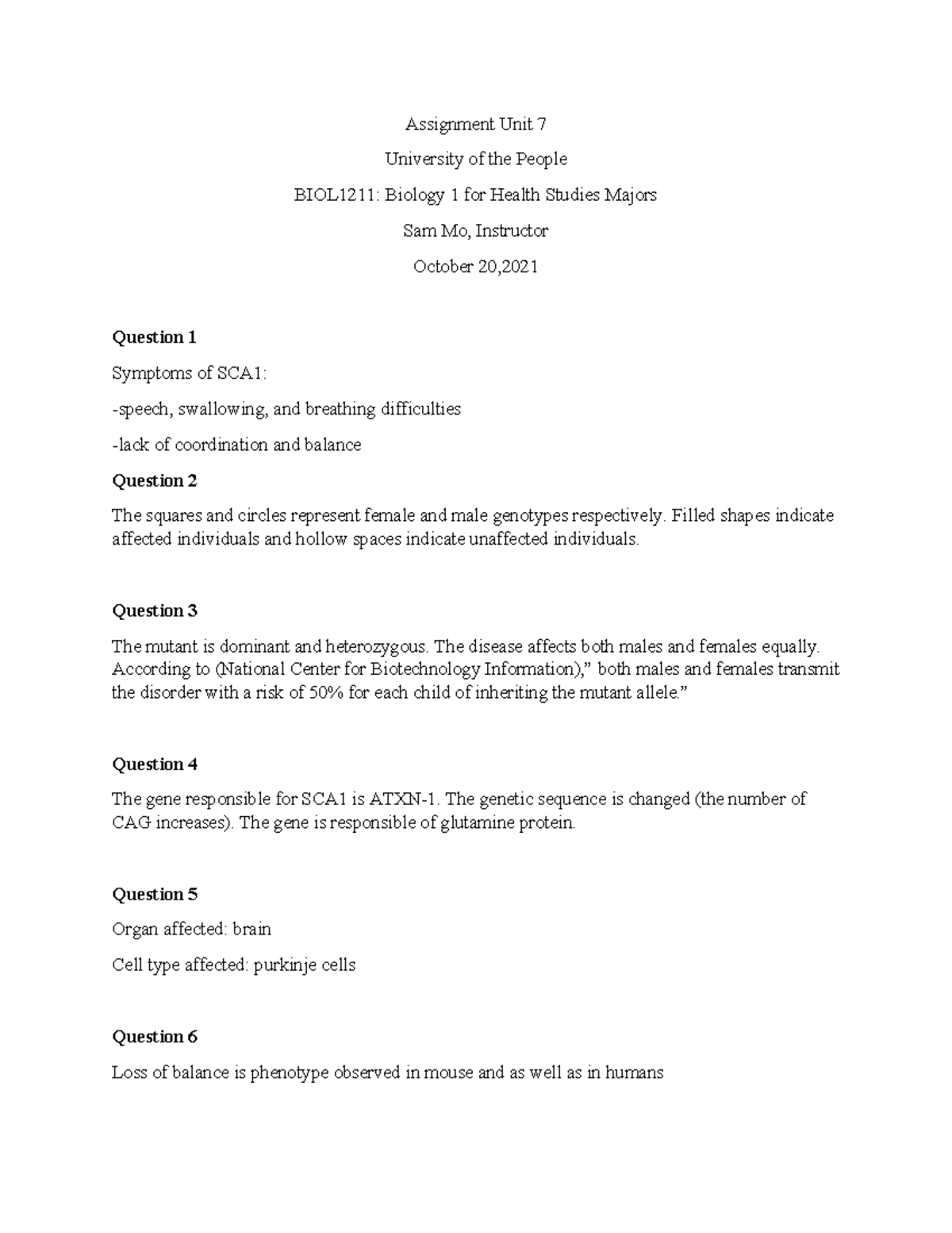 Assignment Unit 7 BIOL 1211 - Assignment Unit 7 University of the People BIOL1211: Biology 1 for ...