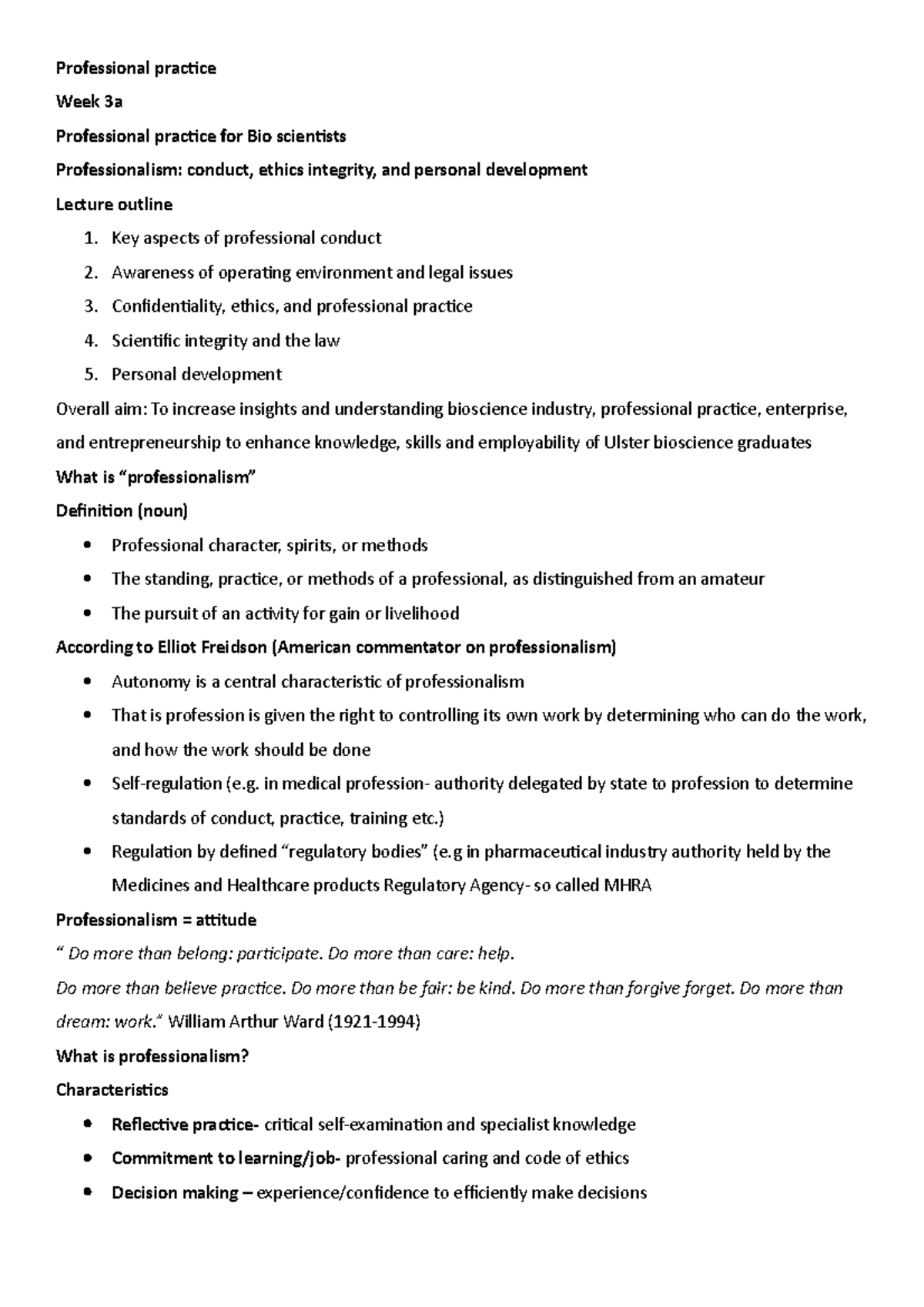 Professionalism - Lecture notes 3 - Professional practice Week 3a ...