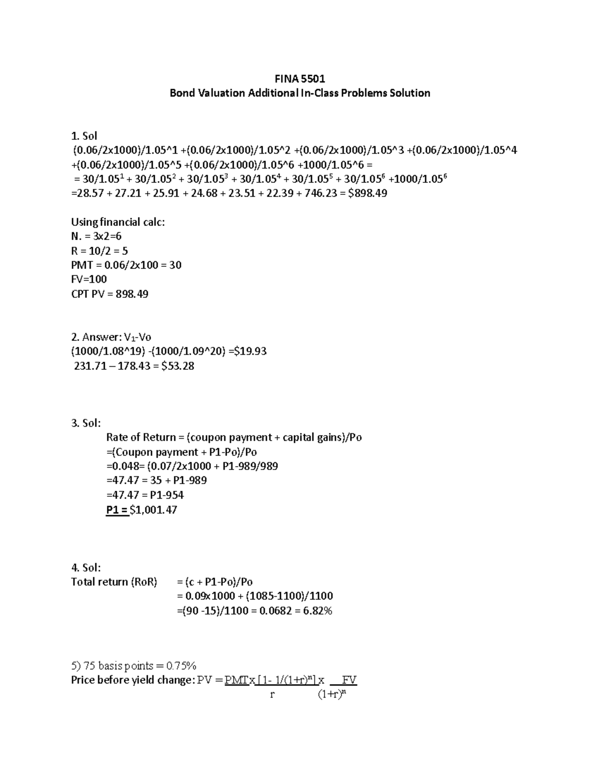 Module 3 Additional In-Class Problem Solution - FINA 5501 Bond Valuation Additional In-Class ...