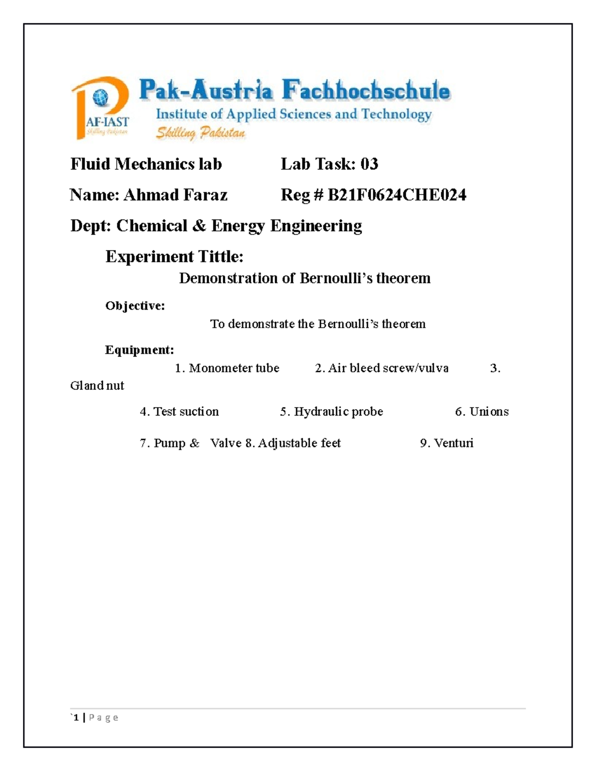Lab Task 2 - Fluid Mechanics lab Lab Task: 03 Name: Ahmad Faraz Reg ...
