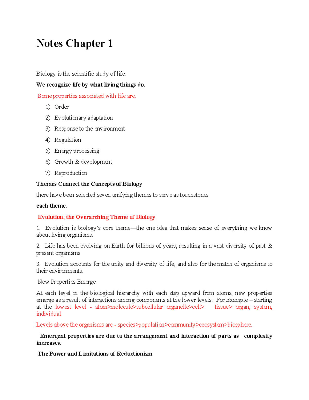 Notes Chapter 1 - We recognize life by what living things do. Some ...