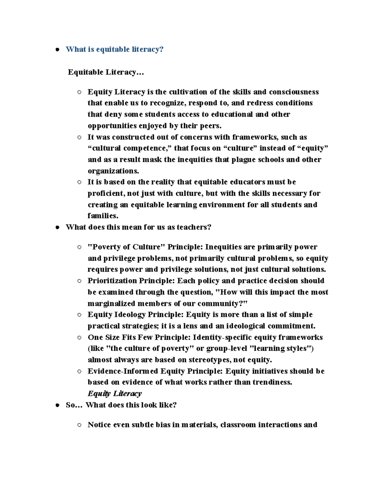 TCH 223 Week 4 - Week 4 notes - What is equitable literacy? Equitable ...