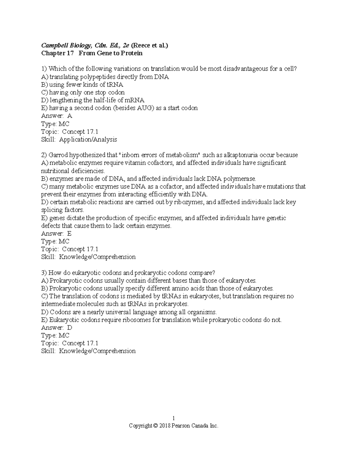 Chapter 17- Midterm 2 Testbank Campbell Biology - 1 Campbell Biology ...