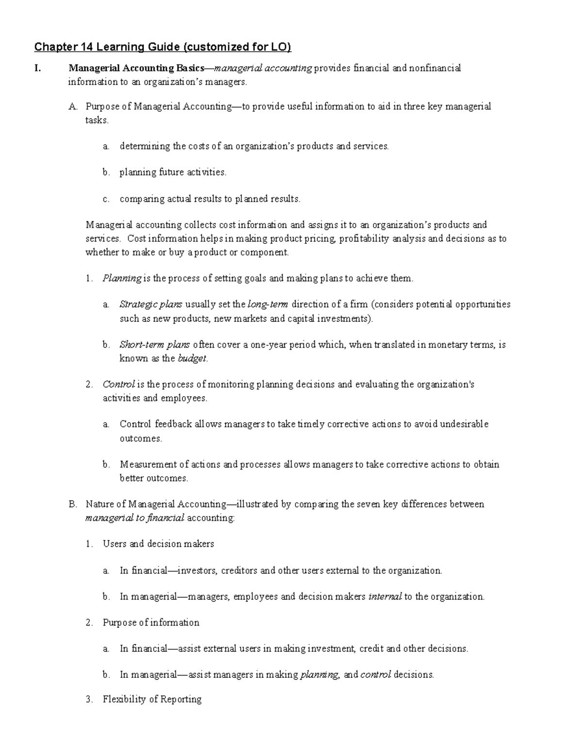 Chapter 14 Learning Guide(1) - Chapter 14 Learning Guide (customized for LO) I. Managerial - Studocu