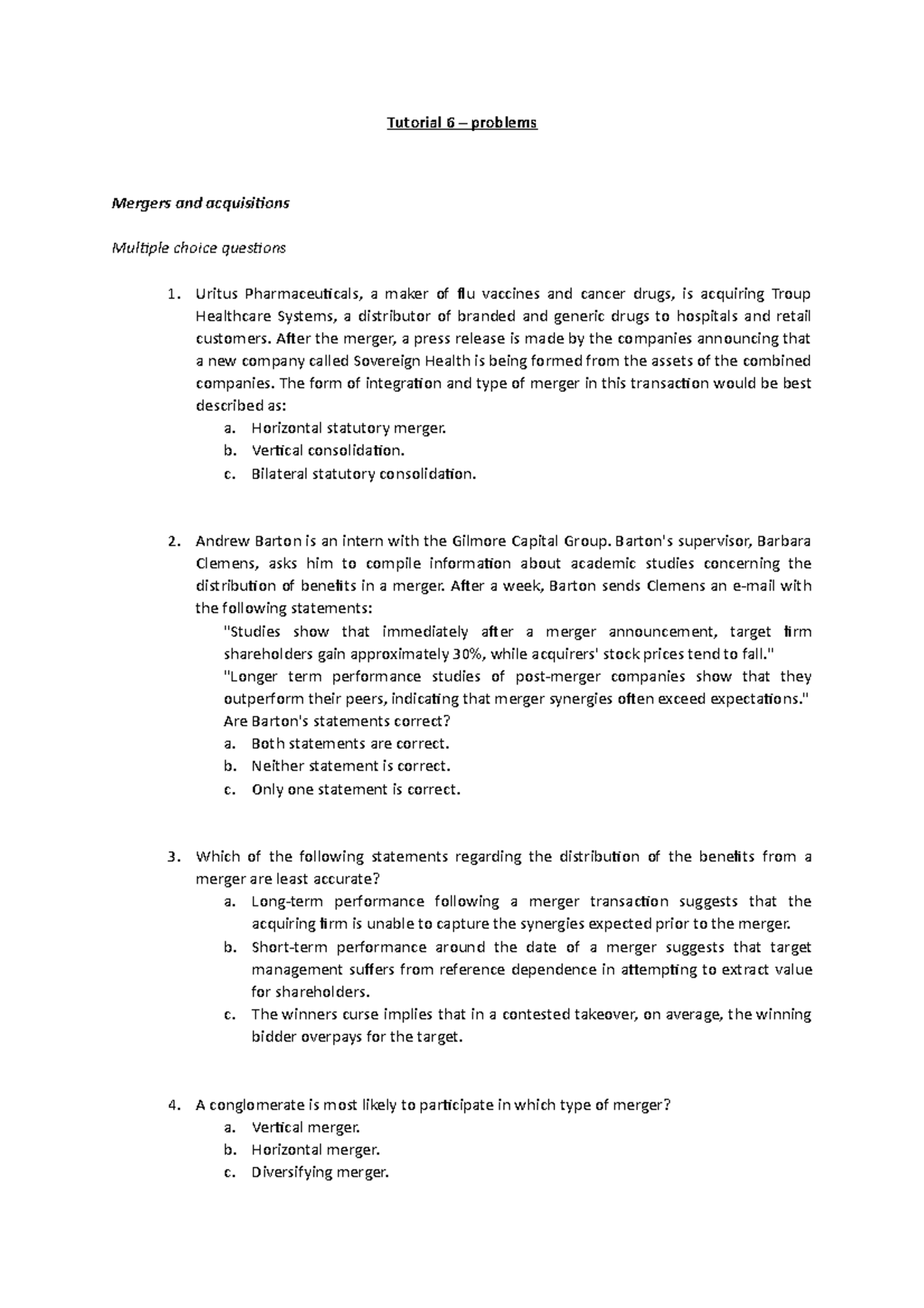 Tutorial 6 – problems - Tutorial 6 – problems Mergers and acquisitions ...