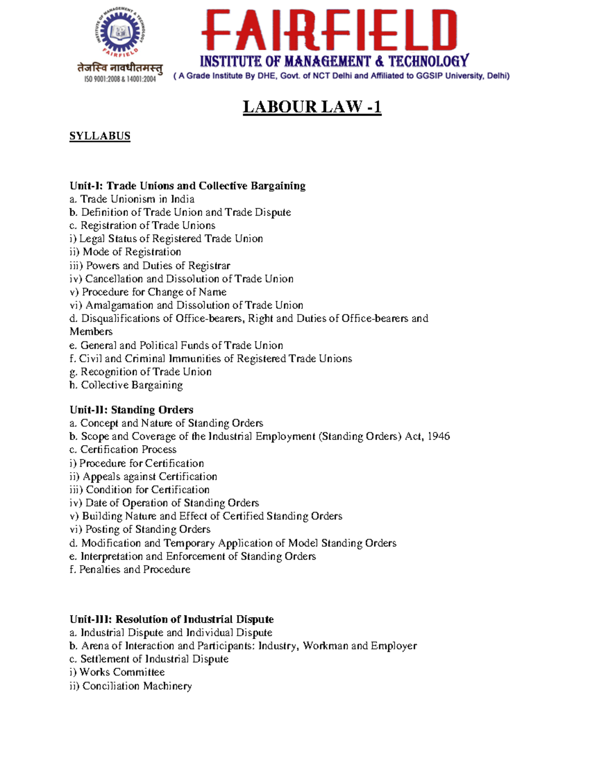 Labour Law - LABOUR LAW - SYLLABUS Unit-I: Trade Unions and Collective ...