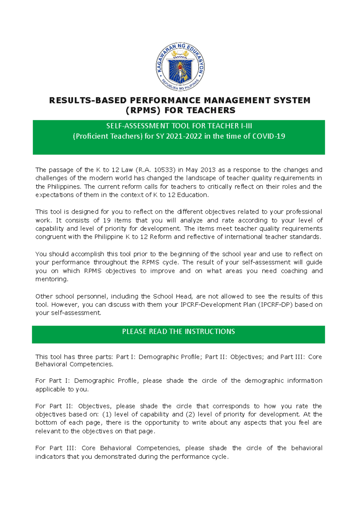 Appendix 5A SAT RPMS for T I III SY 2021 2022 in the time of Covid 19 ...