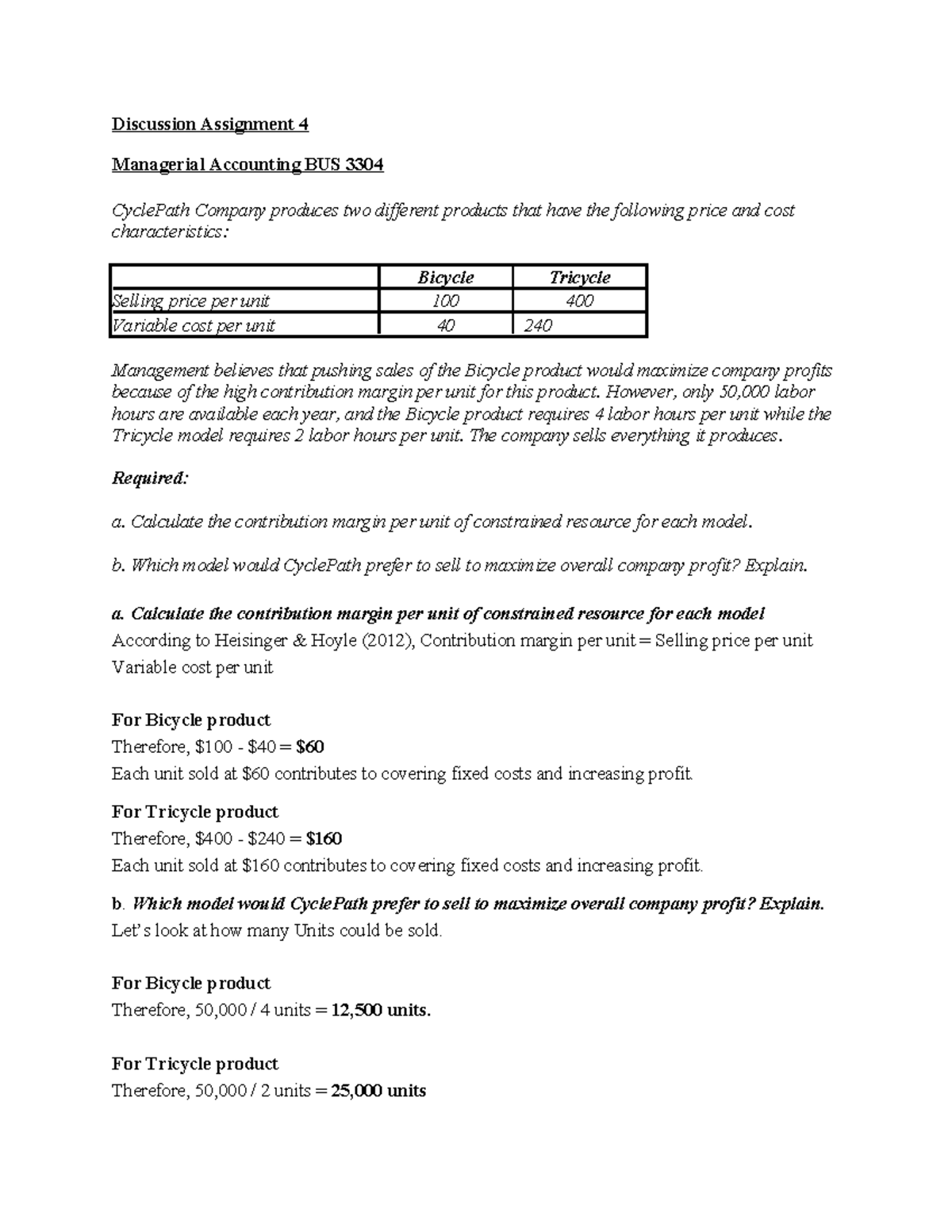 Discussion Assignment 4 bus 3304 - Discussion Assignment 4 Managerial Accounting BUS 3304 ...
