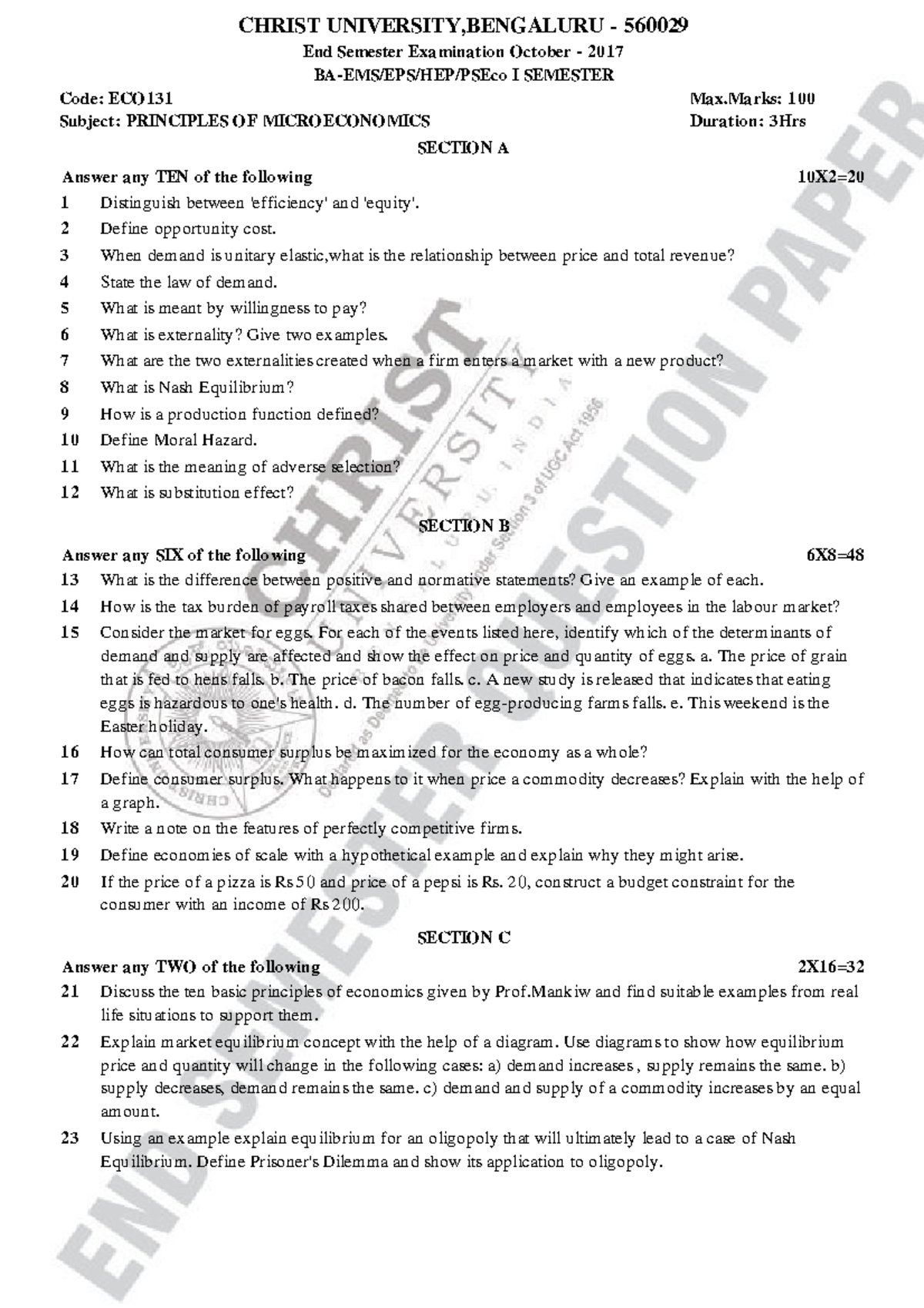 ECO131 - first end sem paper - CHRIST UNIVERSITY,BENGALURU - 560029 End ...