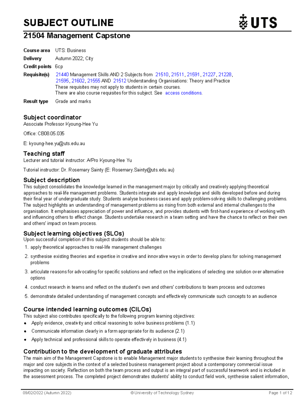 Management Capstone - notes - SUBJECT OUTLINE 21504 Management Capstone ...