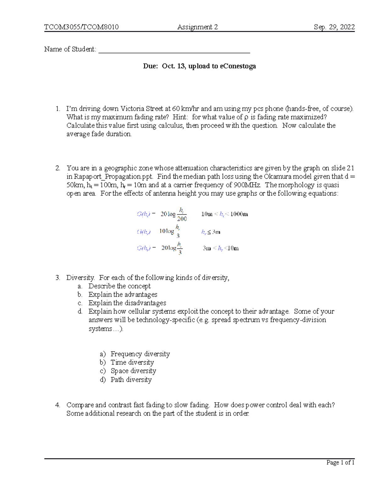 TCOM8010 Ast2 Week4 due 13Oct2022 - TCOM3055/TCOM8010 Assignment 2 Sep ...