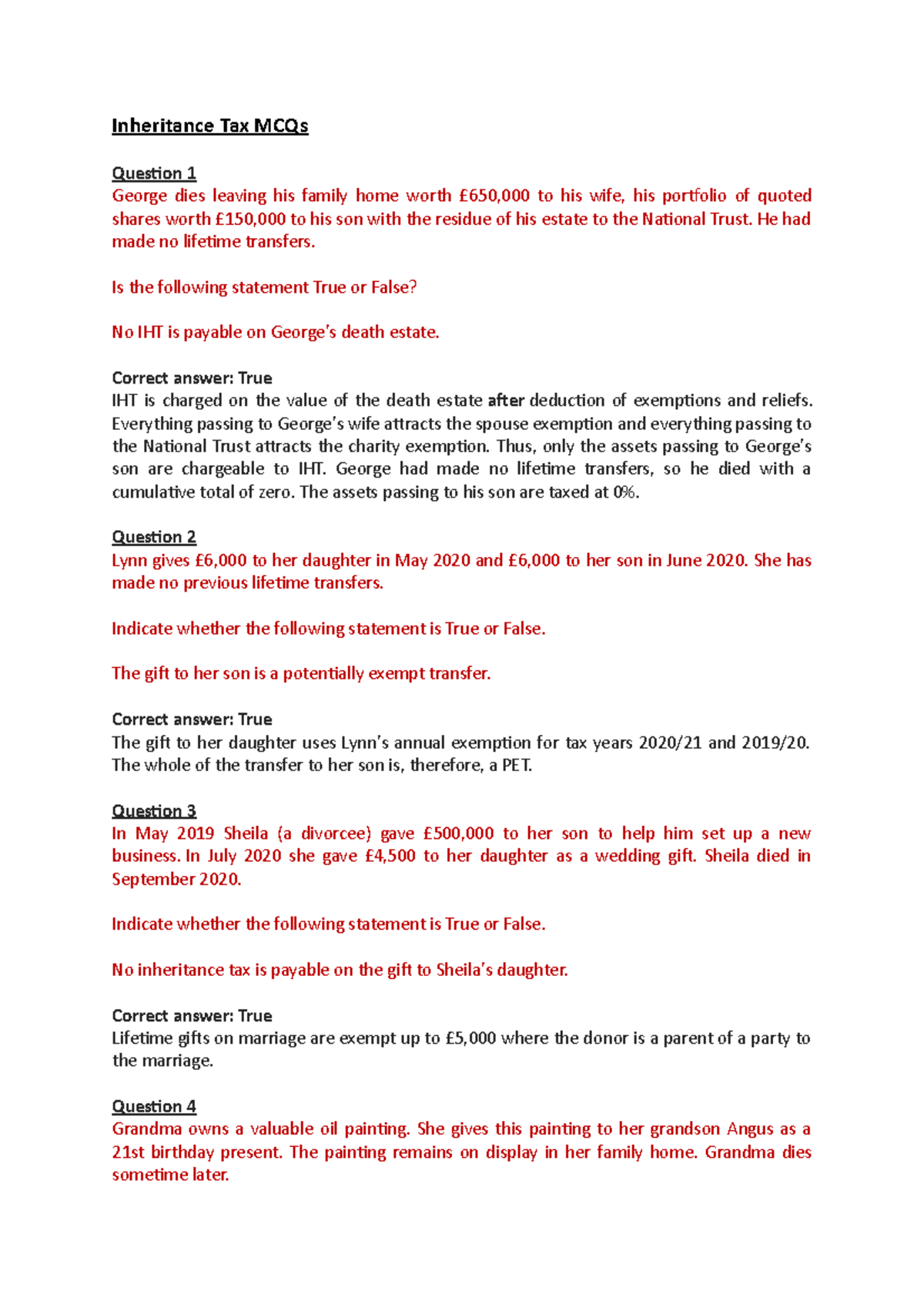 LPC WILLS PRACTICE MCQs - Inheritance Tax MCQs Question 1 George dies ...