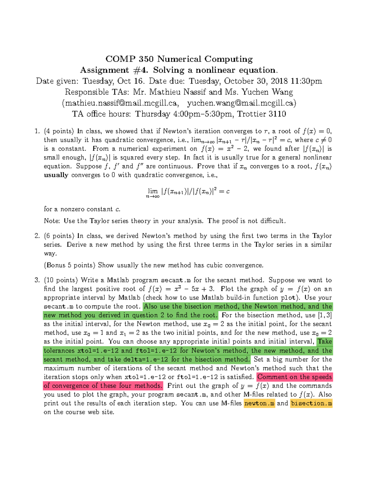 Cswk4 Comp 350 Numerical Computing Assignment 4 Solving A Nonlinear Equation Date Given