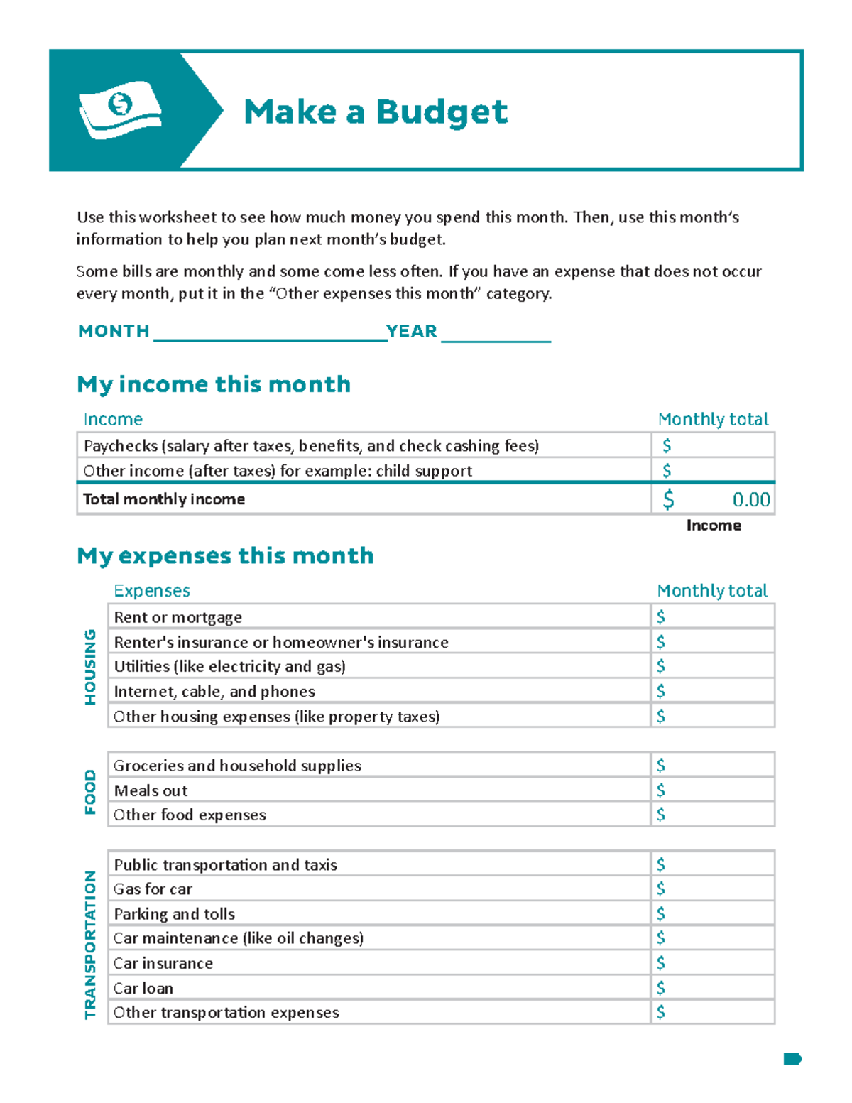 Budget Worksheet - Make a Budget Use this worksheet to see how much ...