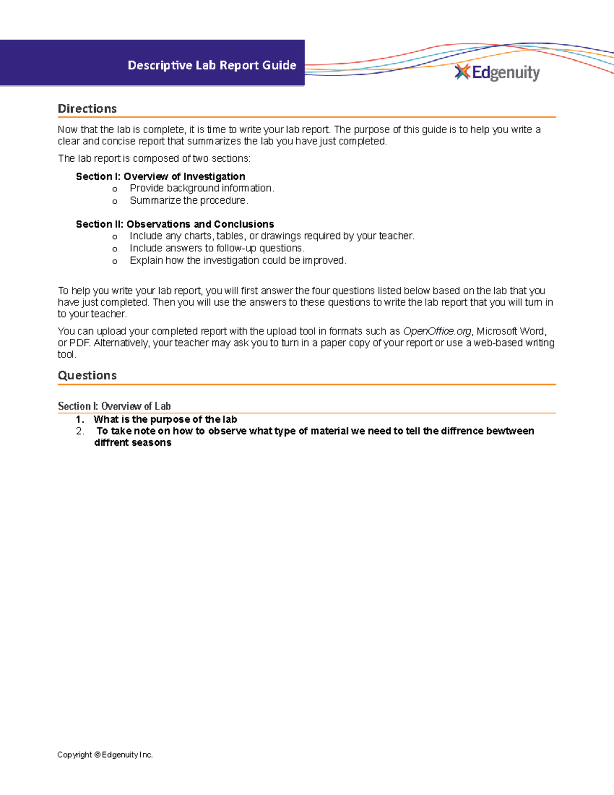 Descriptive Lab Report Guide - Directions Now that the lab is complete ...