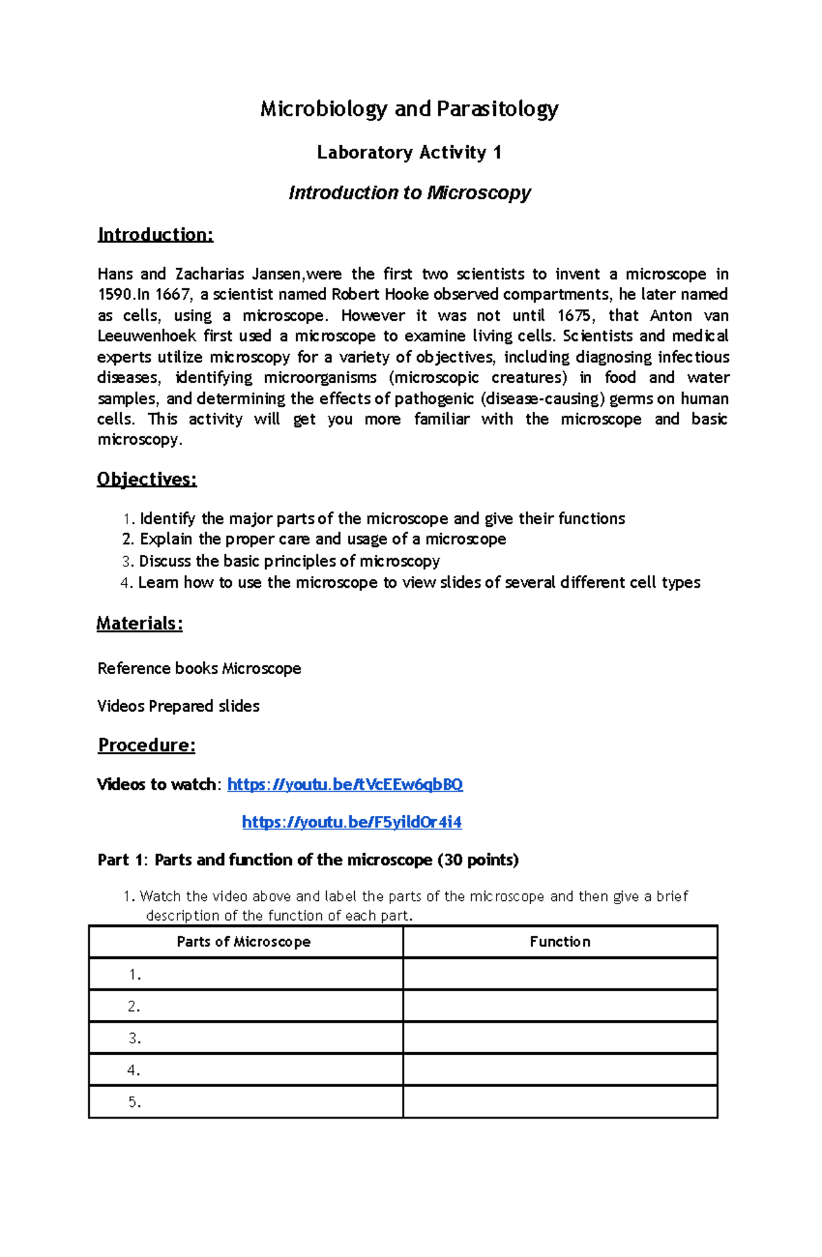 NUMC 103 -Laboratory Activity 1 - Microbiology and Parasitology ...