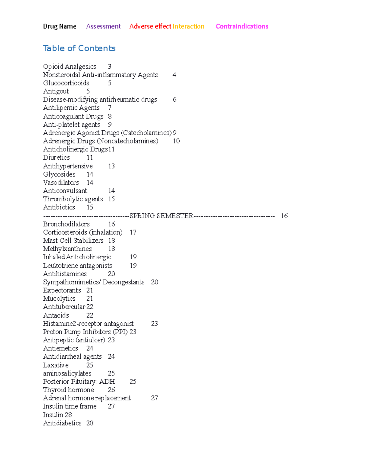 Pharm Drug table - nujj - Table of Contents 10 – 8 ( Calcium (Ca 5 - 3 ...