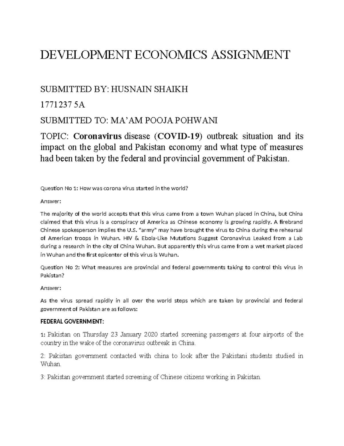 Development Economics Assignment - DEVELOPMENT ECONOMICS ASSIGNMENT ...