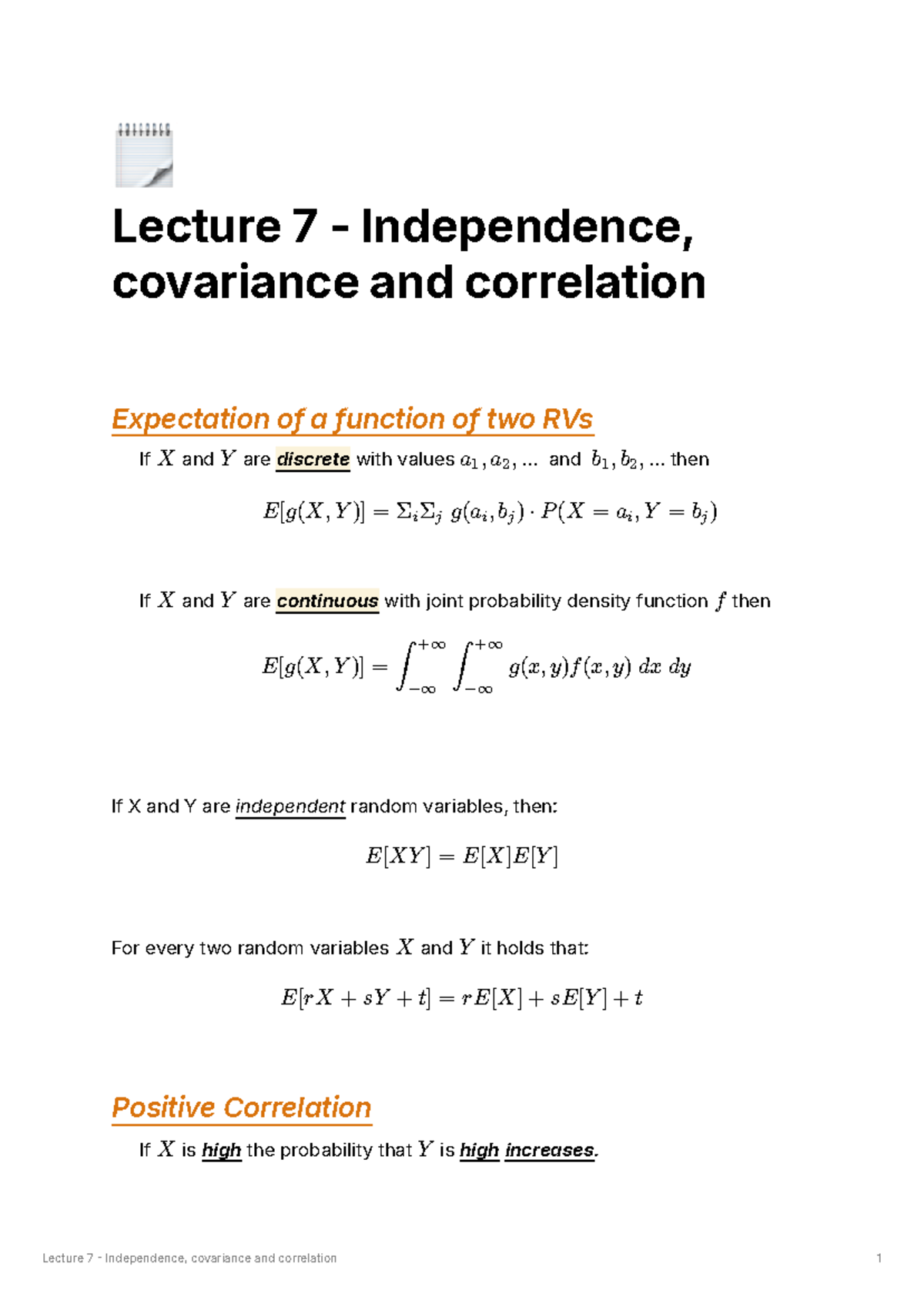 Lecture 7 - Independence, covariance and correlation - Lecture 7 Independence, covariance and ...