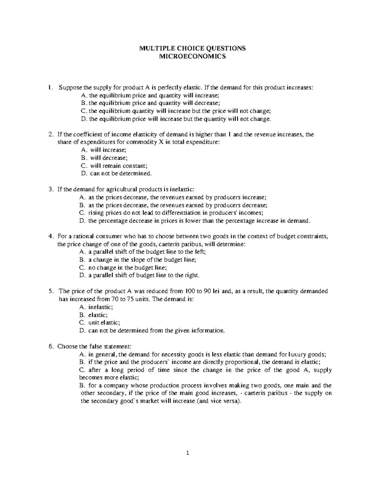 Multiple Choice Questions MULTIPLE CHOICE QUESTIONS MICROECONOMICS