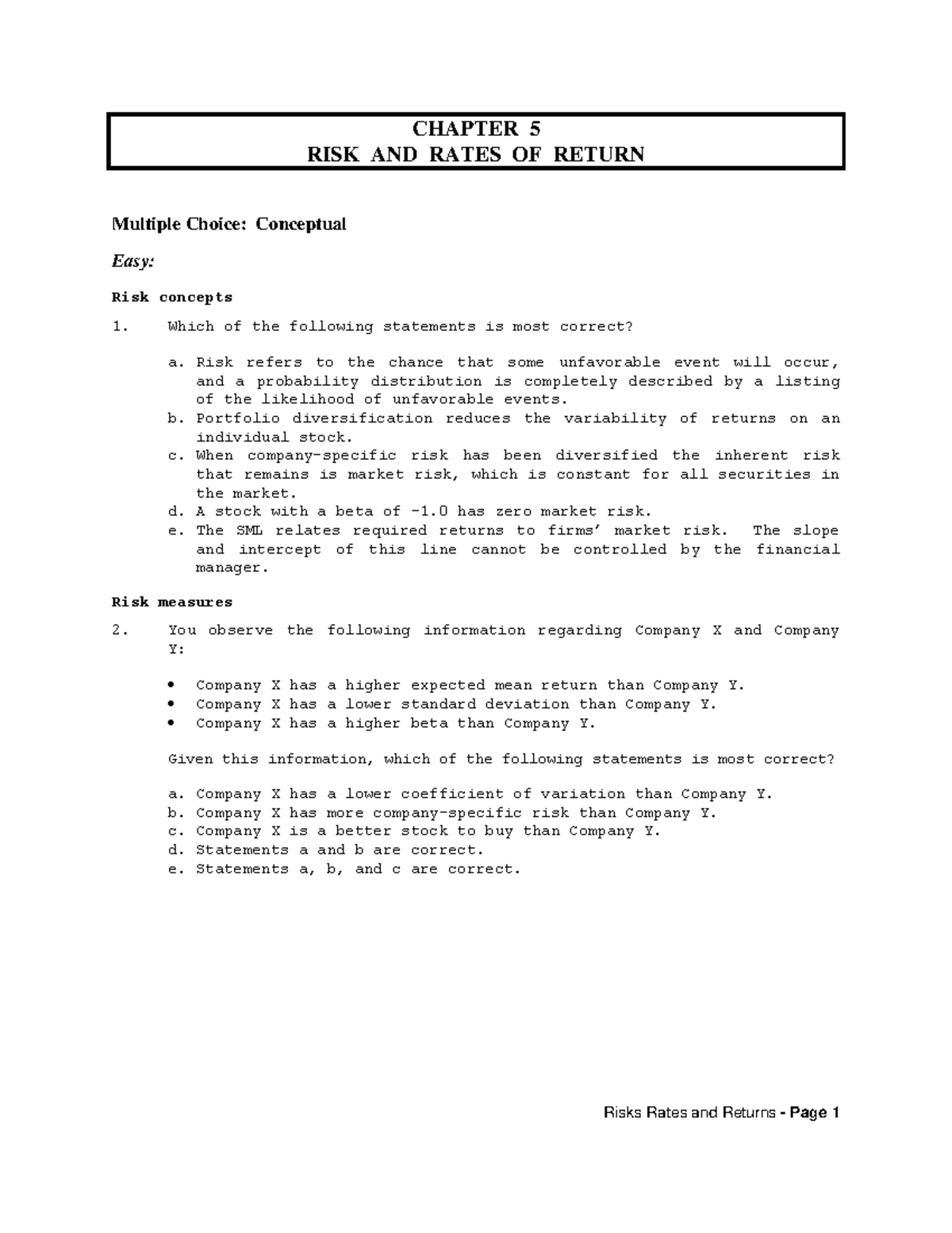 Risk Rates and Returns Reviewer (Key Answer) - Multiple Choice ...