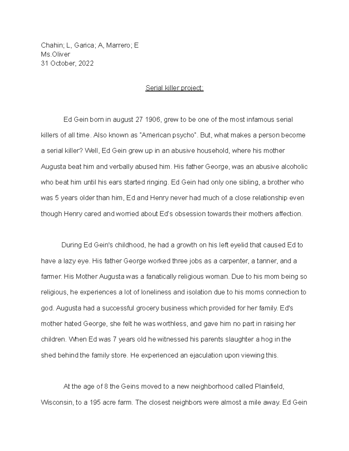 Serial killer project - Chahin; L, Garica; A, Marrero; E Ms 31 October ...