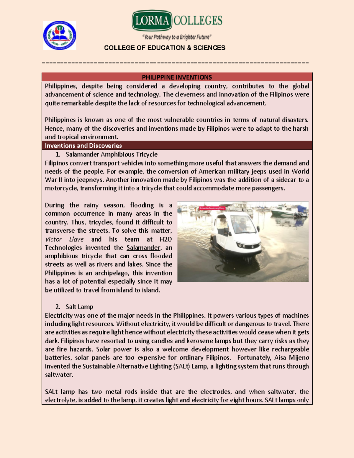 Philippine Inventions - COLLEGE OF EDUCATION & SCIENCES - Studocu