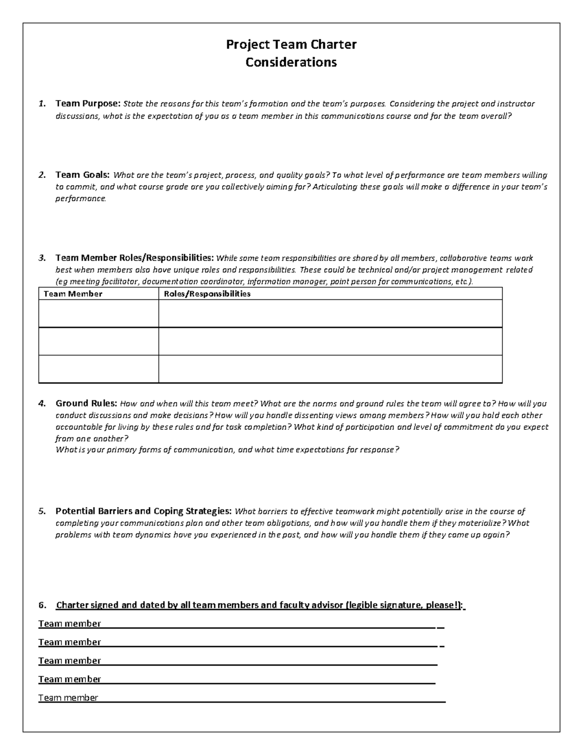 Project Team Charter Considerations - Team Purpose: State the reasons ...