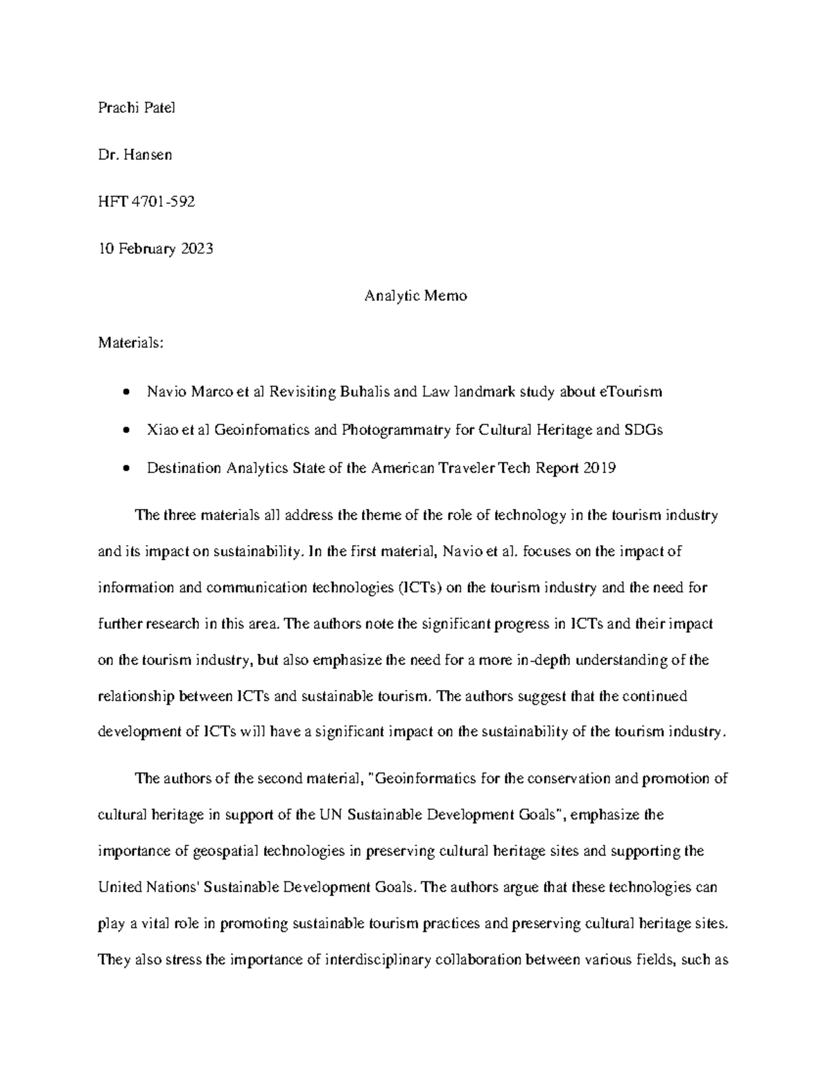 Analytic Memo - Assignment - Prachi Patel Dr. Hansen HFT 4701- 10 ...
