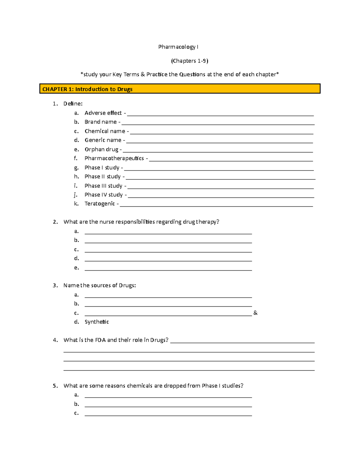 Pharmacology I - Worksheet exam 1 chapters - Pharmacology I (Chapters 1 ...