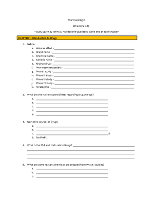 Pharmacology I - Worksheets for chpts on Exam 2 - Pharmacology I ...