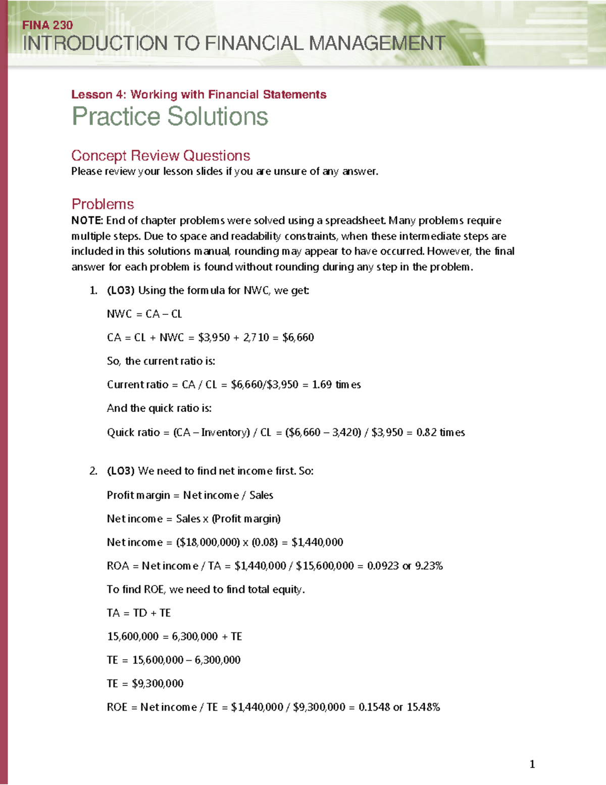 FINA230 Lesson 4 Practice Solutions - INTRODUCTION TO FINANCIAL ...