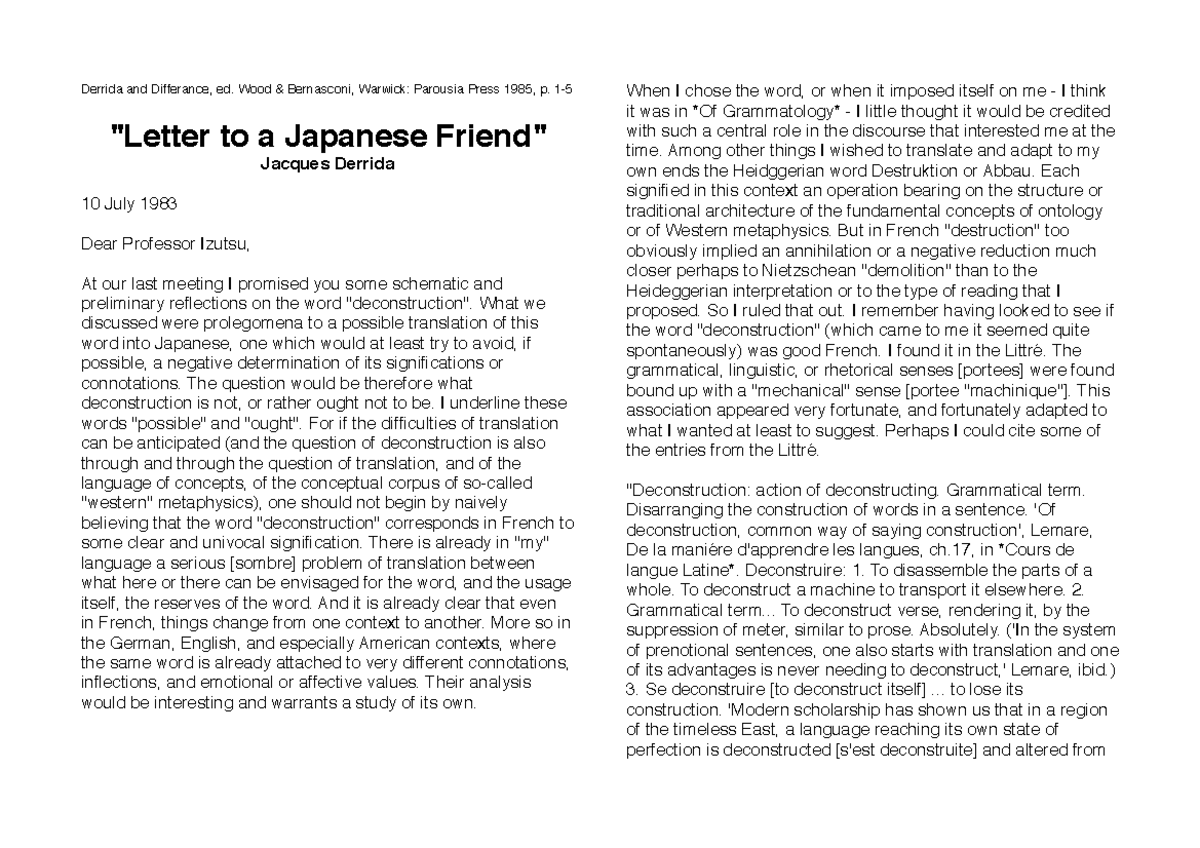 Letter to a japanese - (Re)Constructing Latinidad - Derrida and ...