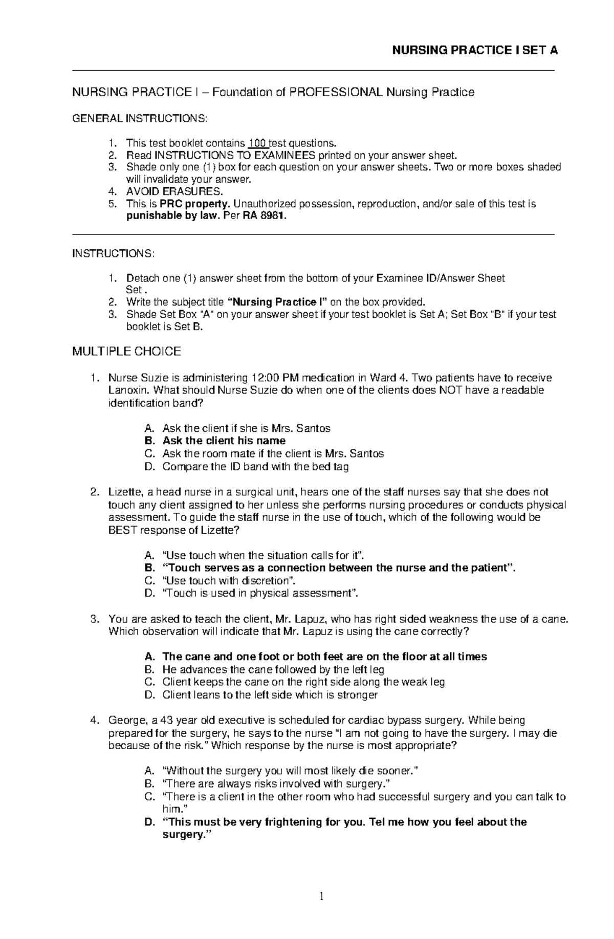 NLE Compilation EXAM - FOR ACADEMIC USE ONLY. - NURSING PRACTICE I SET ...