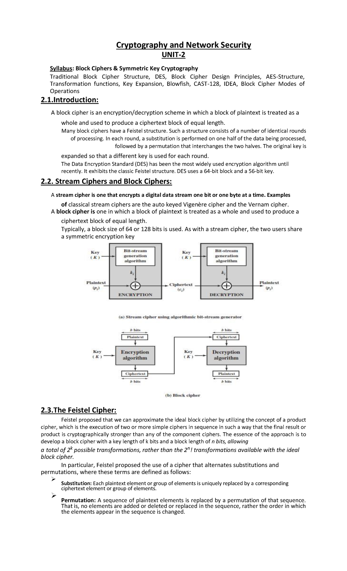 Unit 2 Notes Cns Cryptography And Network Security Unit Syllabus Block Ciphers And Symmetric