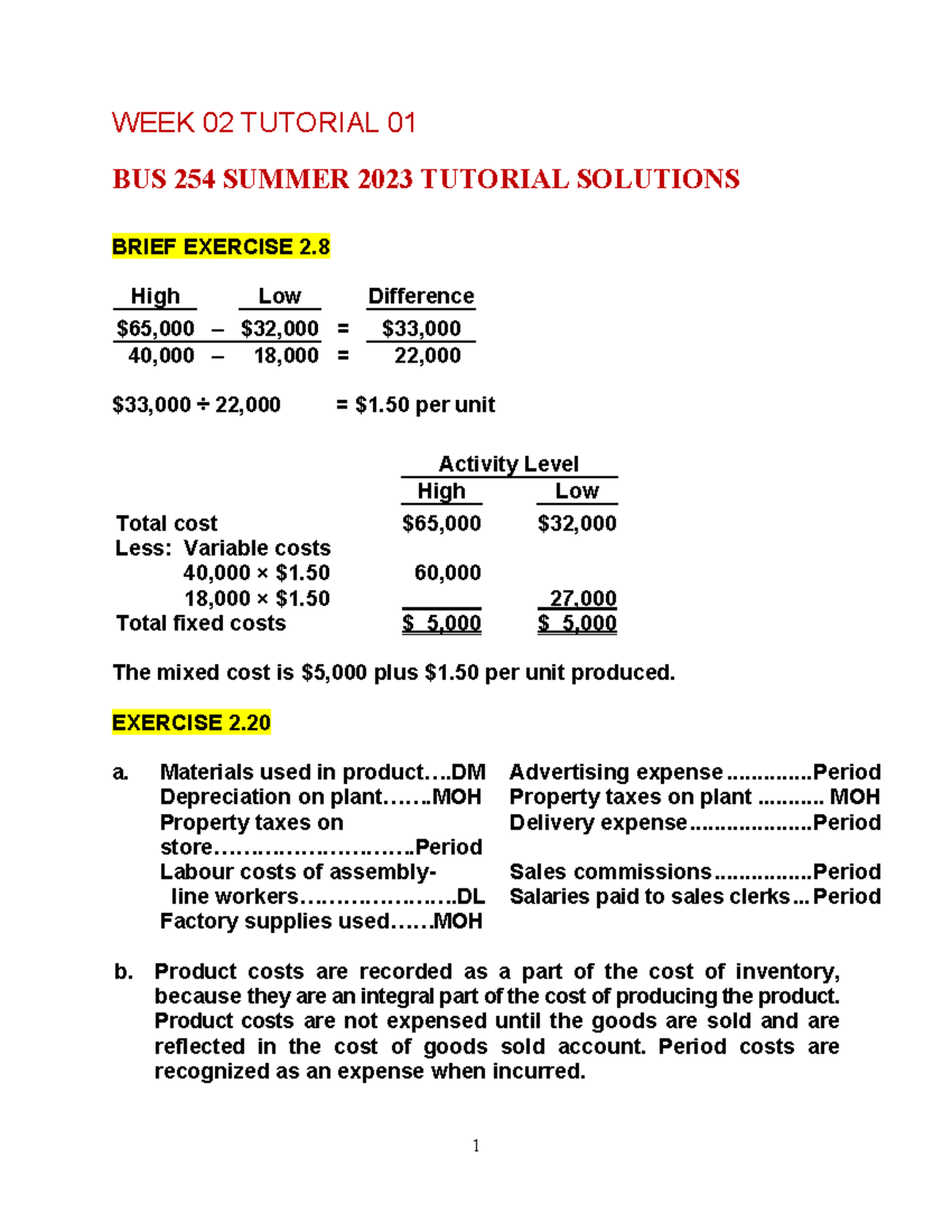 TUT1 W2 - TUT 1 Answer Key - BUS 254 - SFU - Studocu