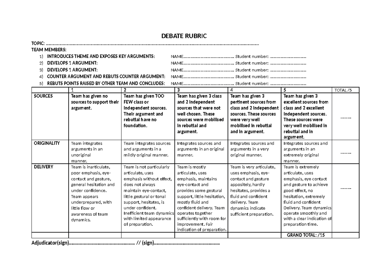 Debate rubric word final - DEBATE RUBRIC TOPIC: - Studocu