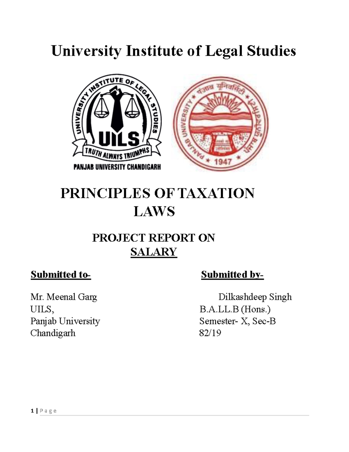 taxation project - University Institute of Legal Studies PRINCIPLES OF ...