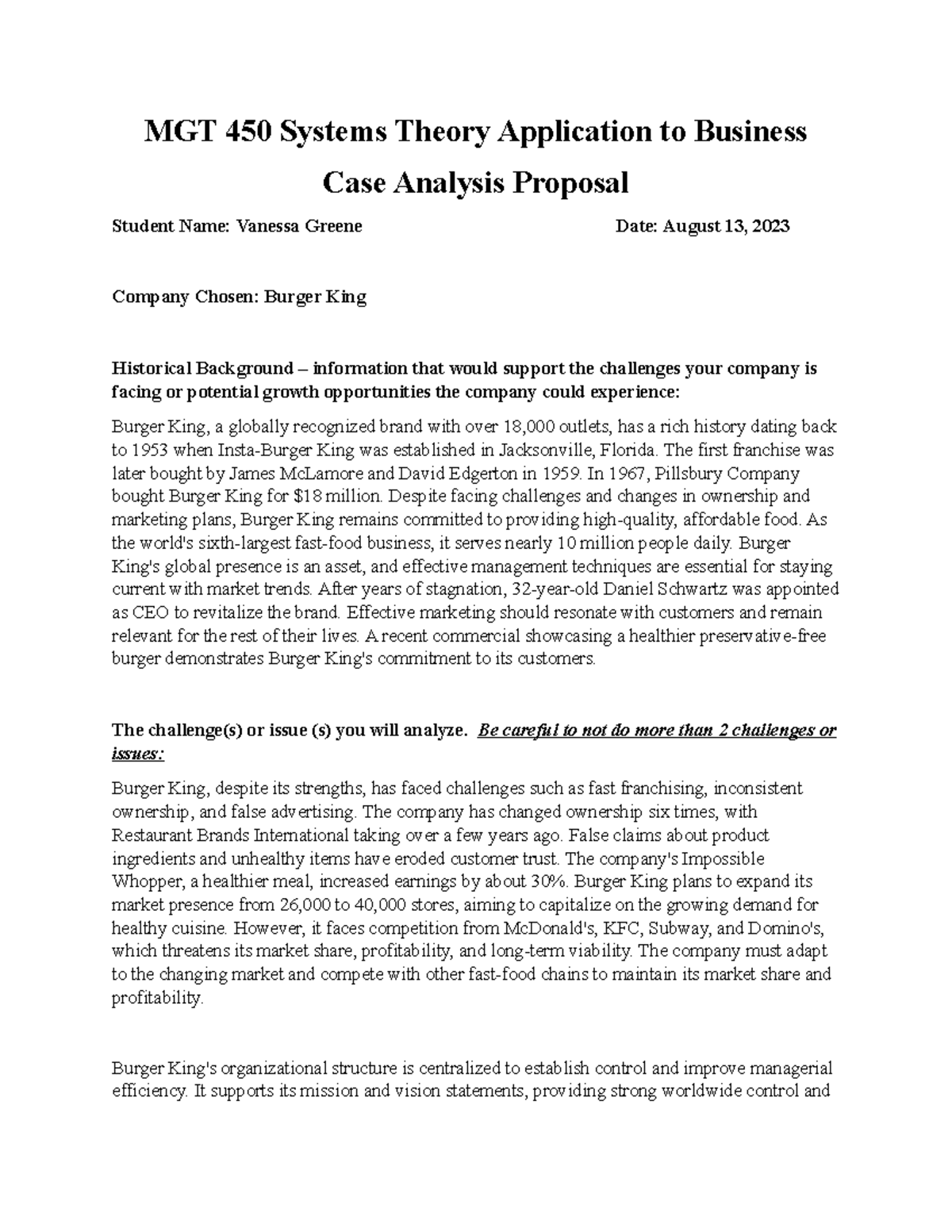 Case Analysis Proposal - MGT 450 Systems Theory Application to Business ...