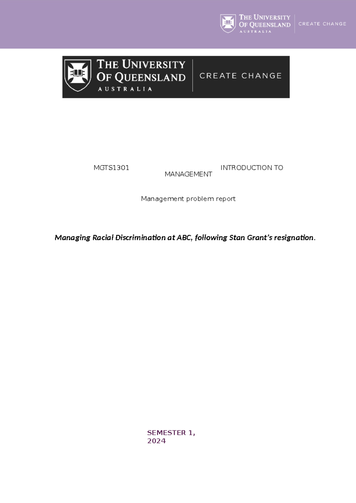MGTS1301 Mangement Problem Report - MGTS1301 INTRODUCTION TO MANAGEMENT ...