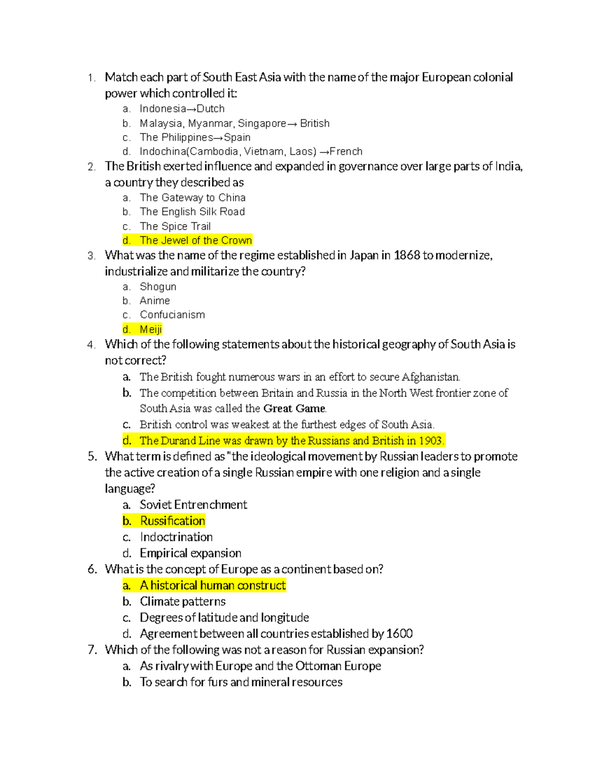 Quiz Solutions Question Set 5 - Match each part of South East Asia with ...
