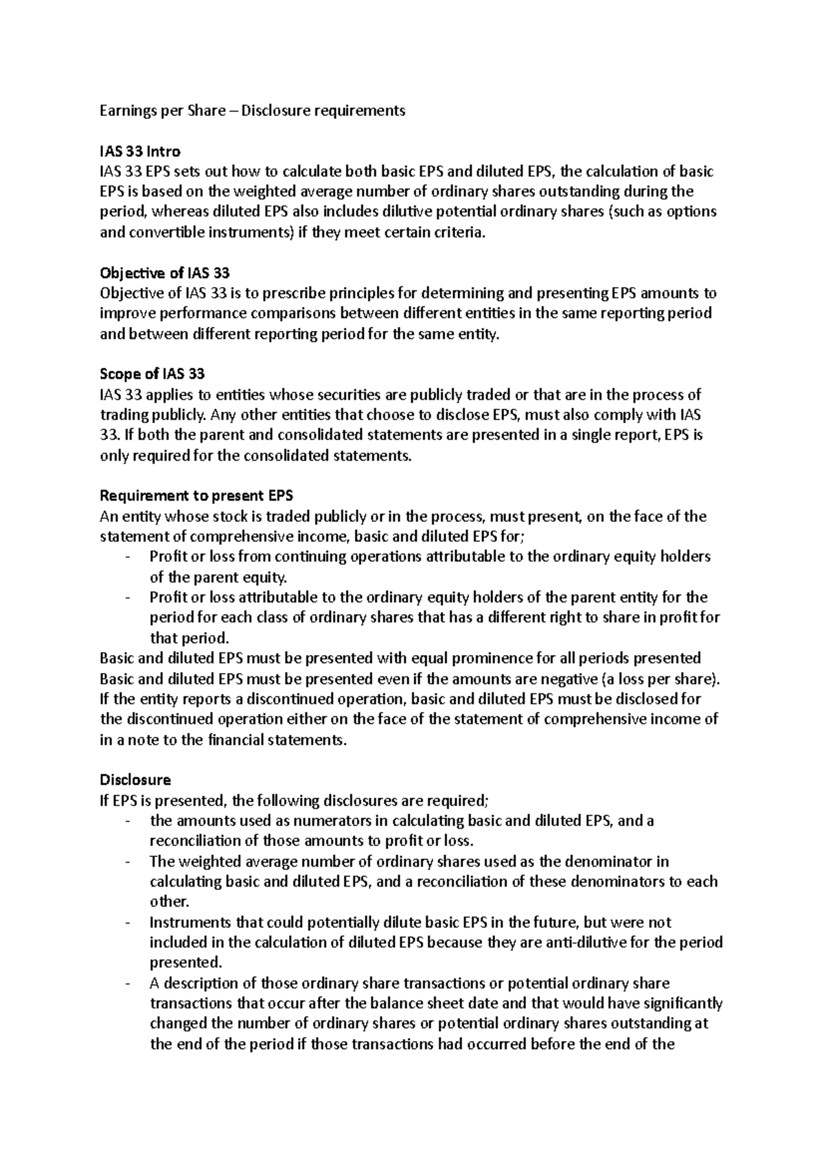 EPS EXAM Notes - Earnings per Share – Disclosure requirements IAS 33 ...