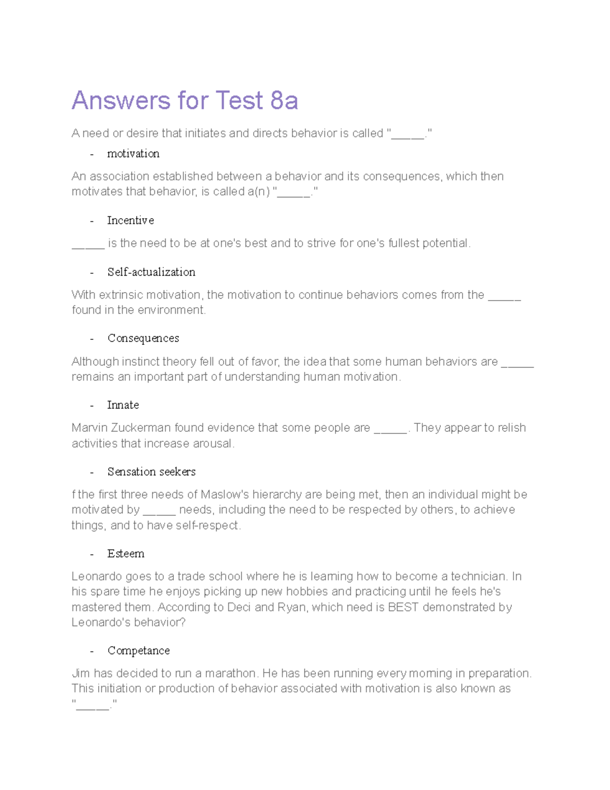 Assignment Answers for Test 8a - Answers for Test 8a A need or desire ...