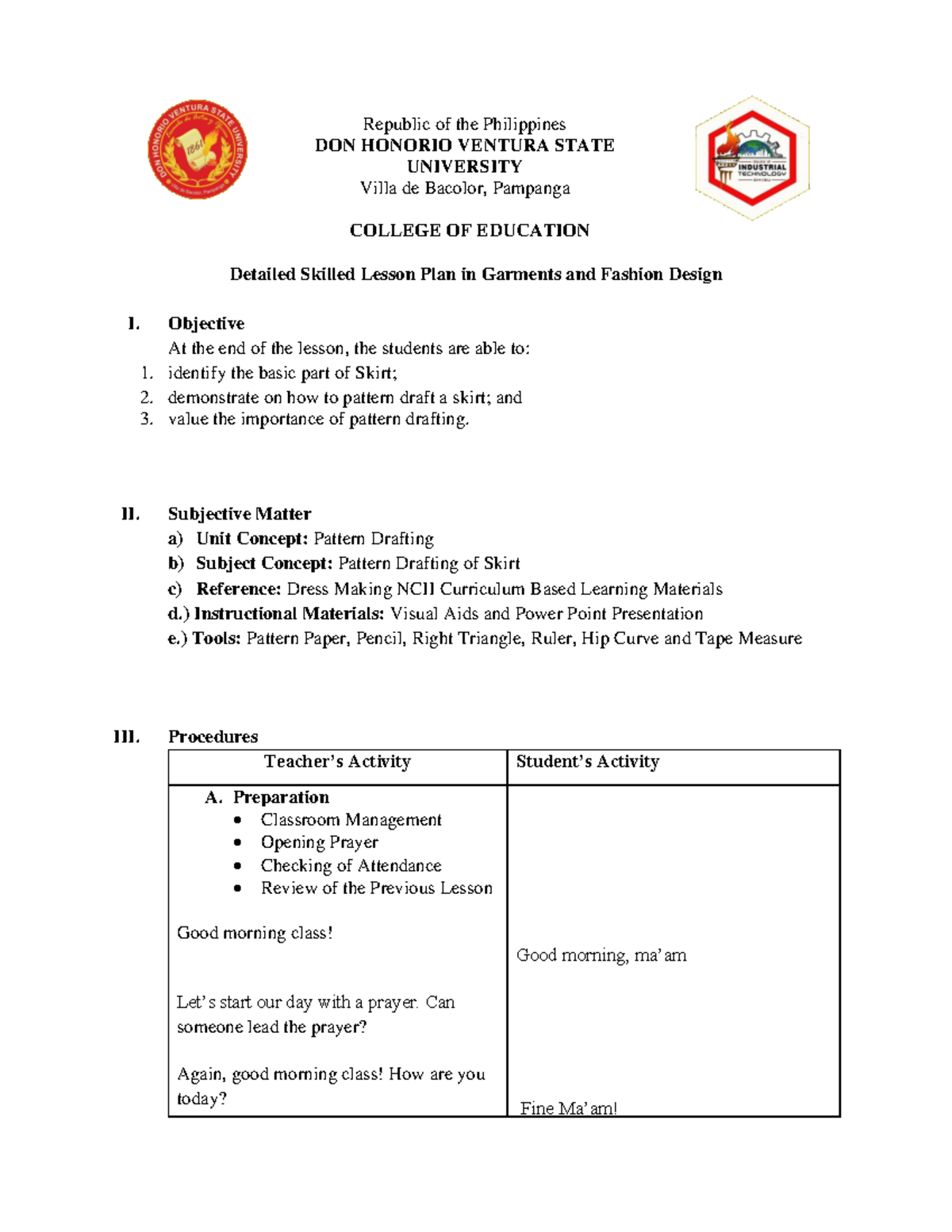 Skirt Lesson PLAN Medina Kathlen KATE - Republic of the Philippines DON ...