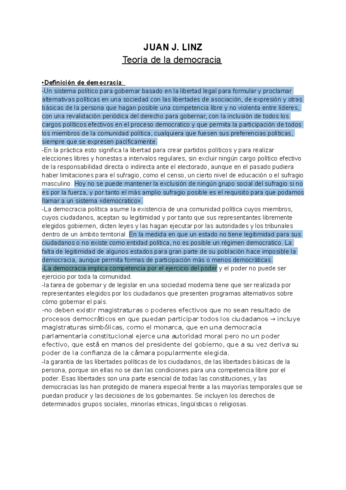 Resumen Juan J. Linz - Teoría de la democracia - JUAN J. LINZ Teoría de ...