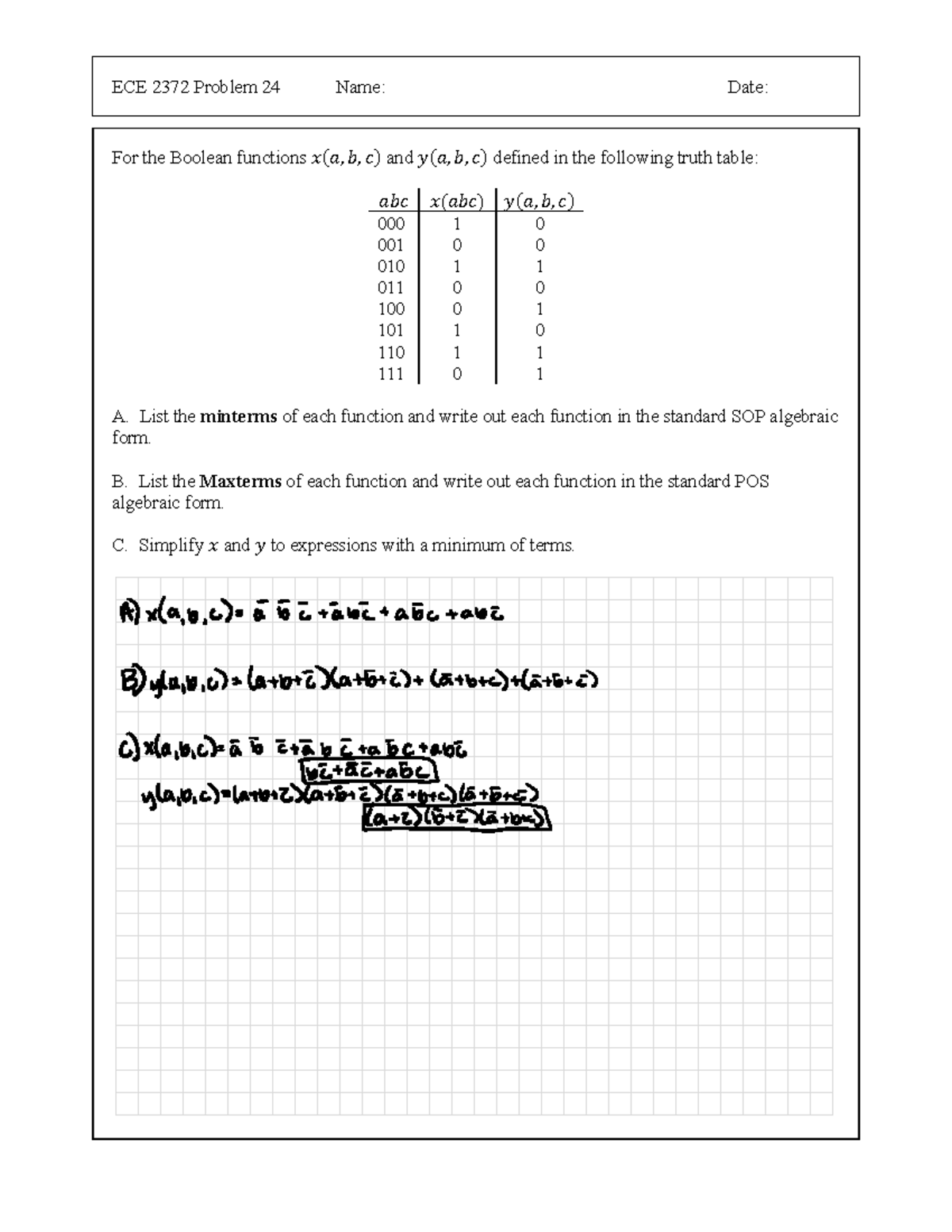 Ece 2372 Problem 24 Ece 2372 Problem 24 Name Date For The Boolean Functions 𝑥𝑎 𝑏 𝑐 And 𝑦 