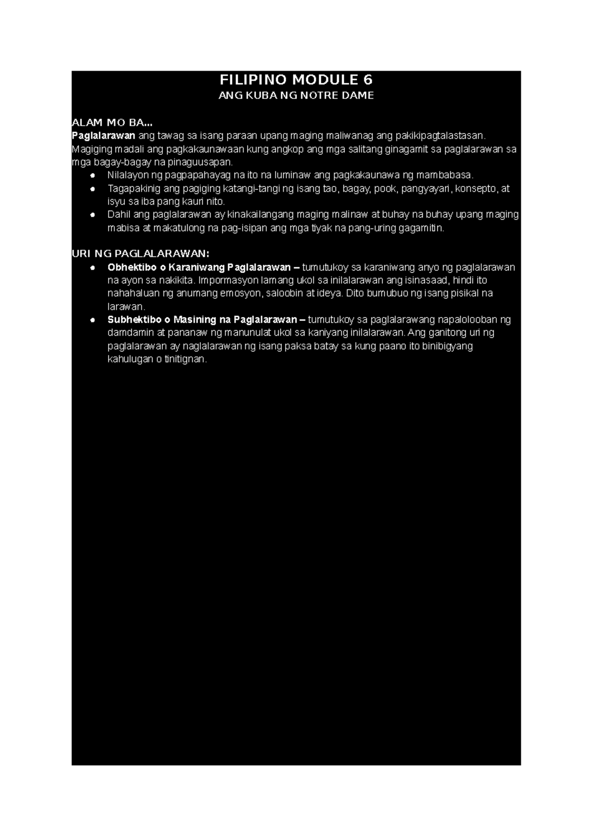 FIL Lesson 6 Ang Kuba ng Notre Dame - FILIPINO MODULE 6 ANG KUBA NG ...