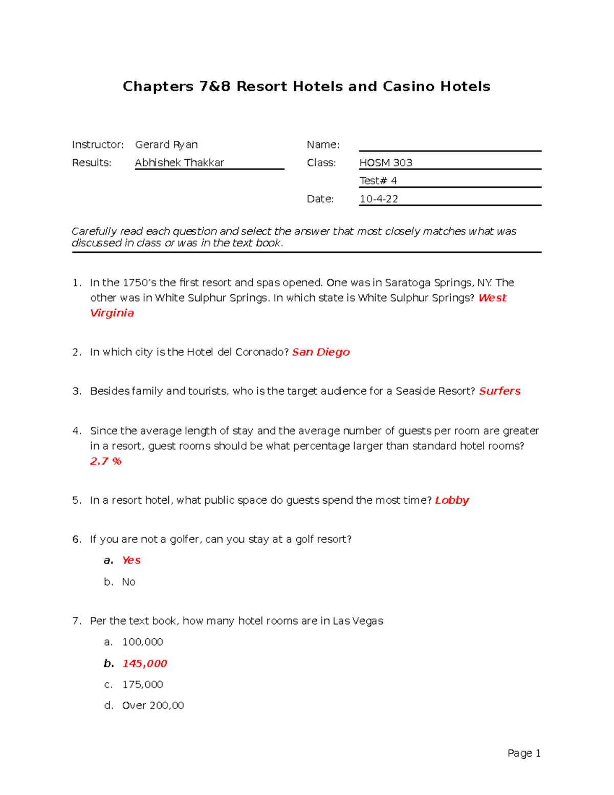 HOSM 303 Test 4 - Quiz - Chapters 7&8 Resort Hotels and Casino Hotels ...