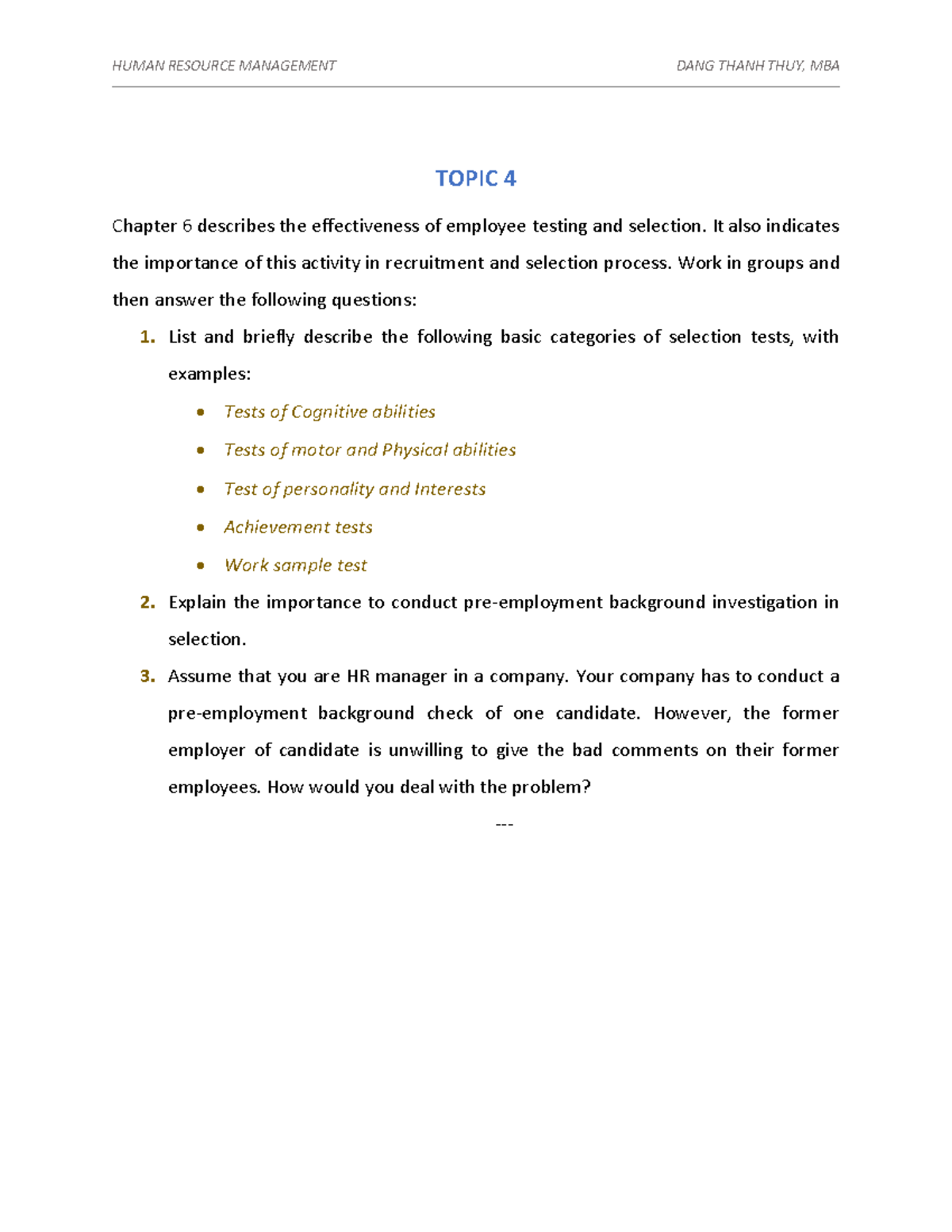 Topic 4 - HUMAN RESOURCE MANAGEMENT DANG THANH THUY, MBA TOPIC 4 ...