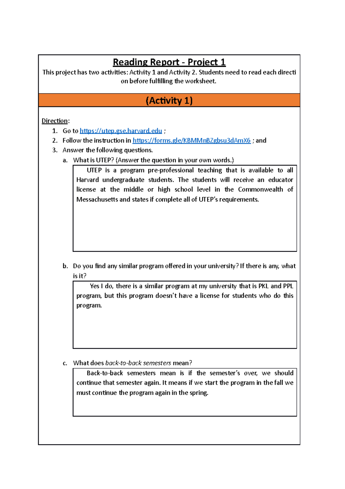 Reading Activity - Reading Report - Project 1 This project has two ...
